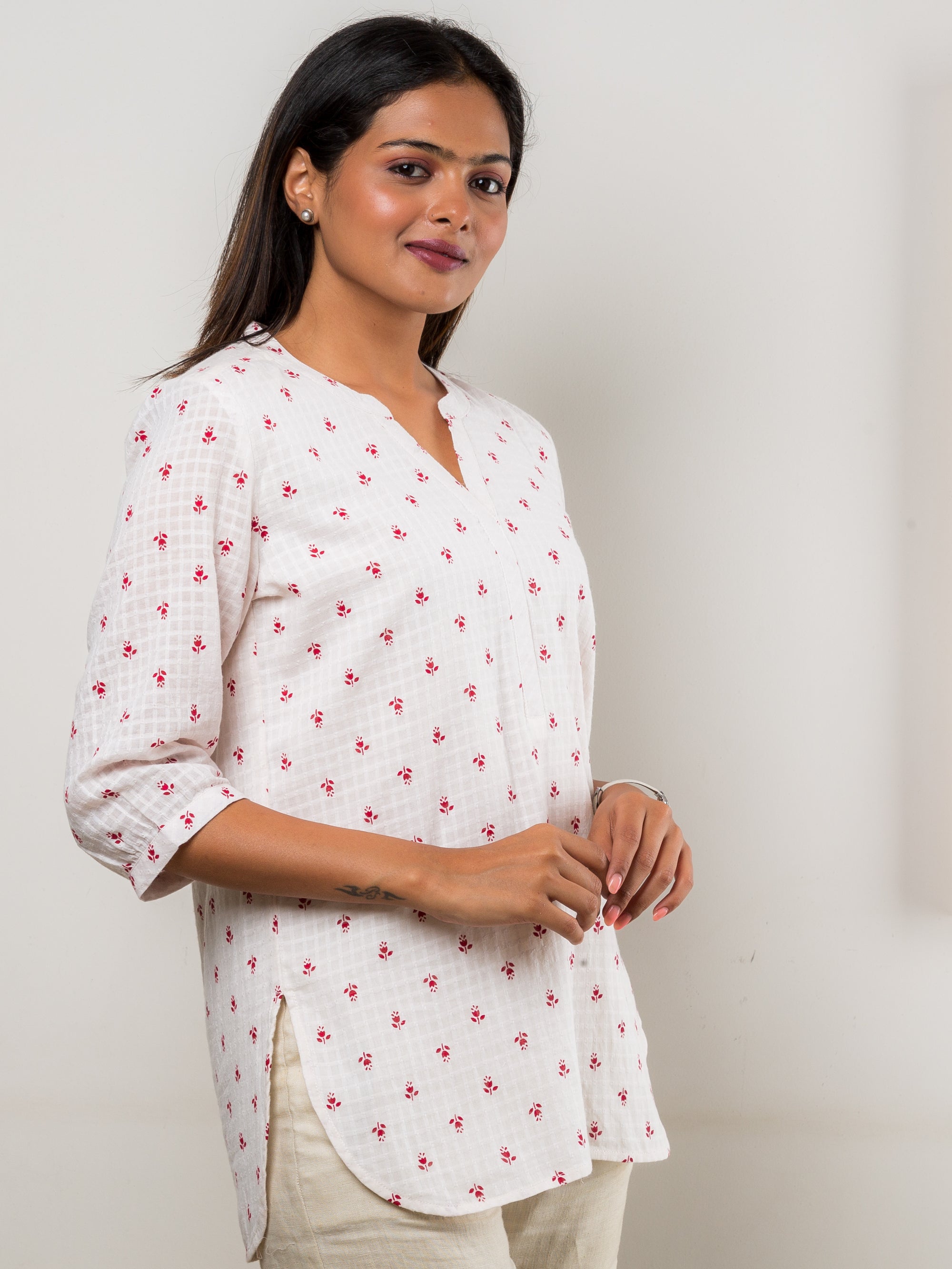 Isha Tunic - Women's Cotton Short Kurti in White and Red Floral Print