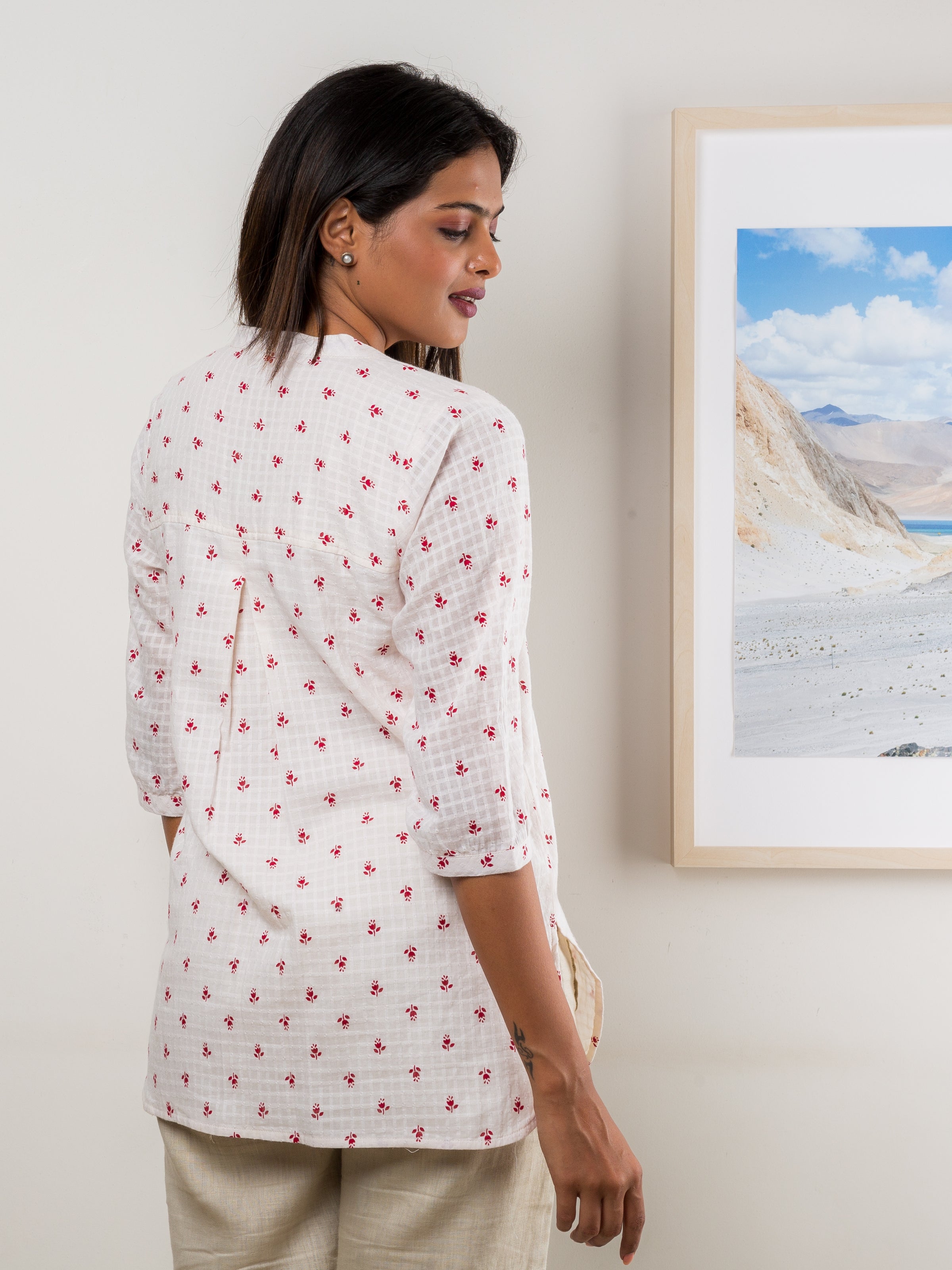 Isha Tunic - Women's Cotton Short Kurti in White and Red Floral Print