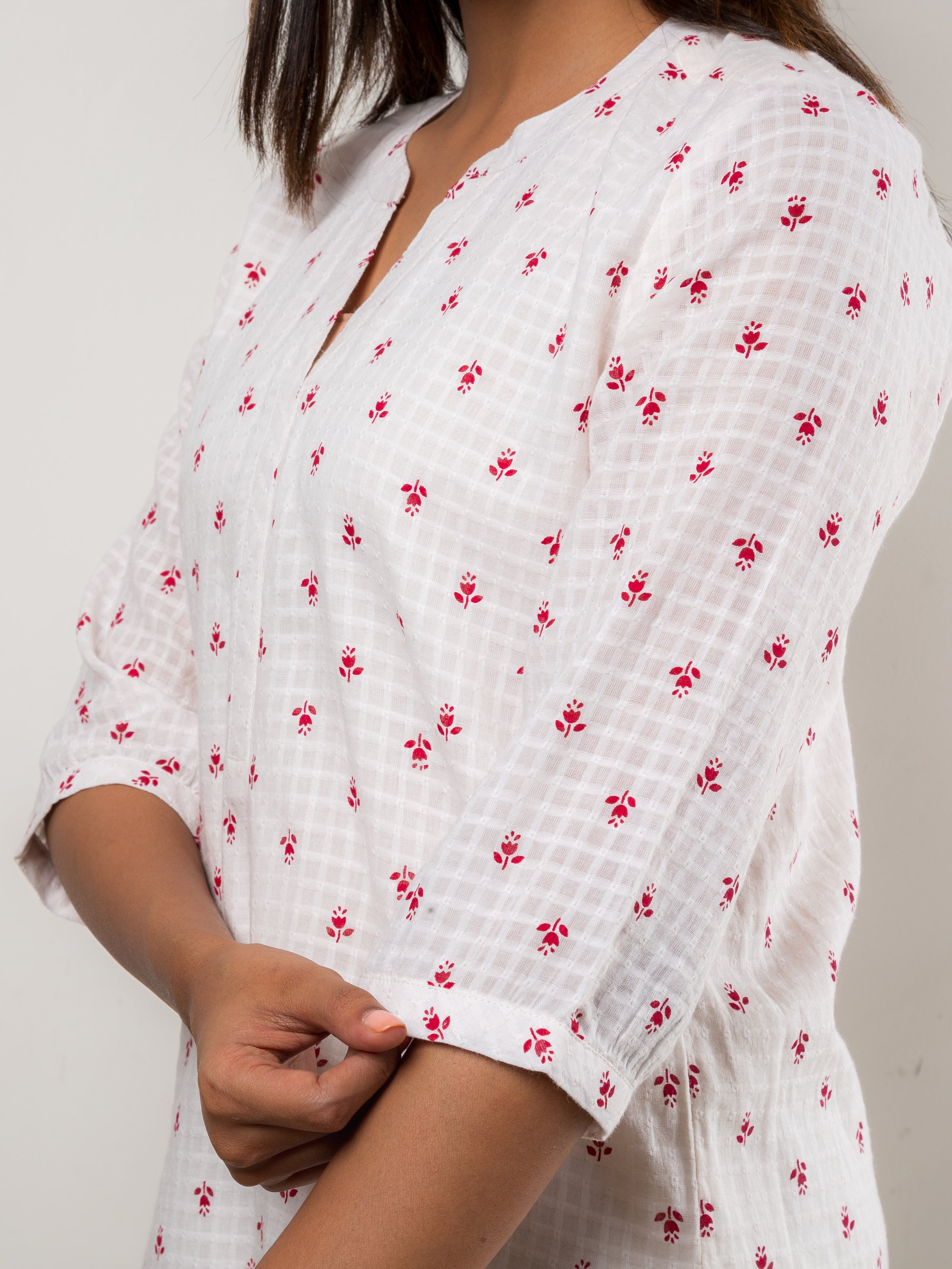 Isha Tunic - Women's Cotton Short Kurti in White and Red Floral Print